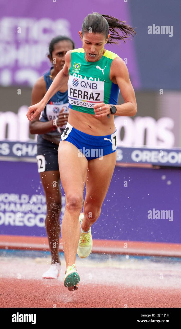 Simone Ferraz of Brazil competing in the women’s 3000m steeplechase heats at the World Athletics ...