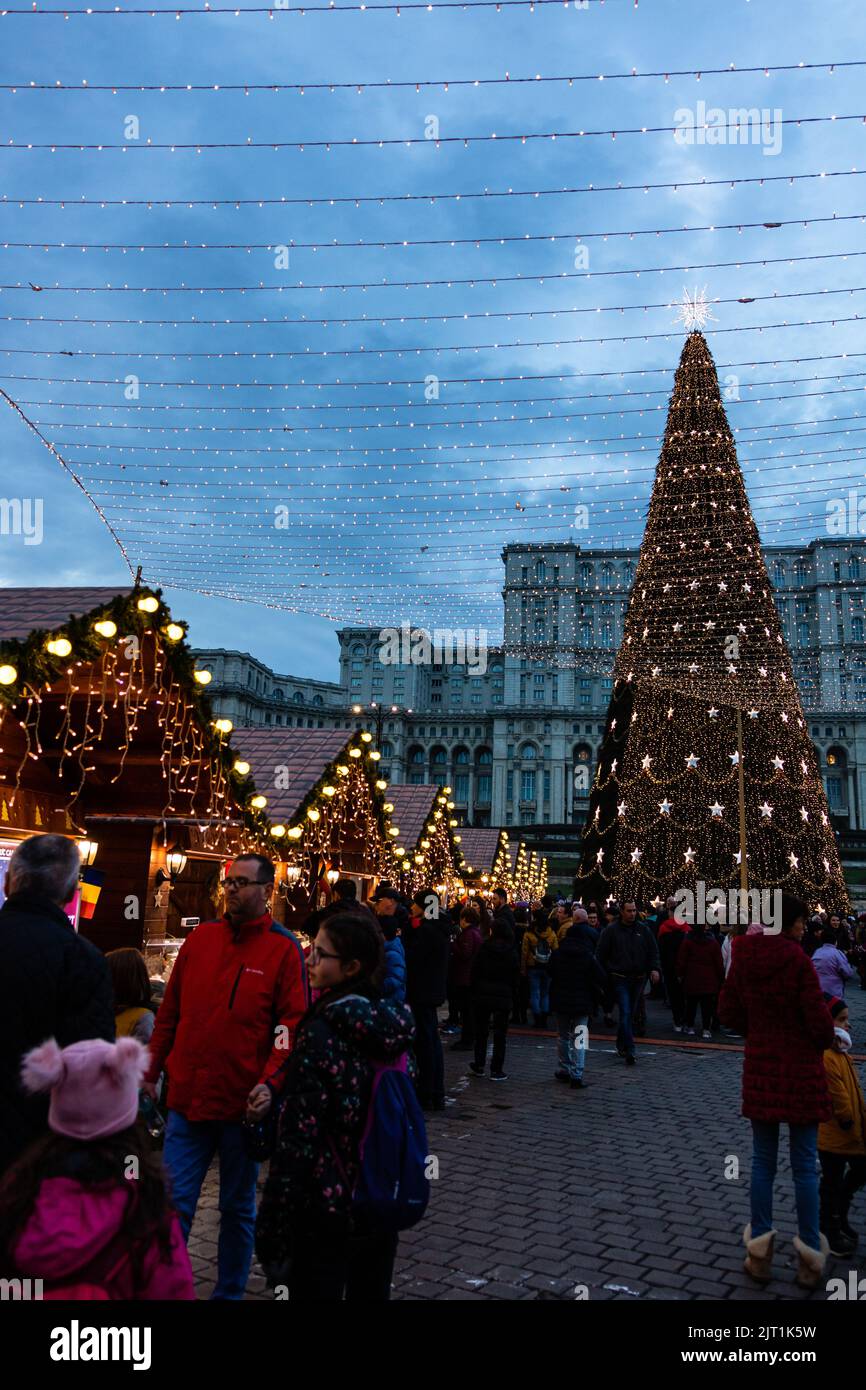 People at Bucharest Christmas Market in downtown Bucharest, Romania ...