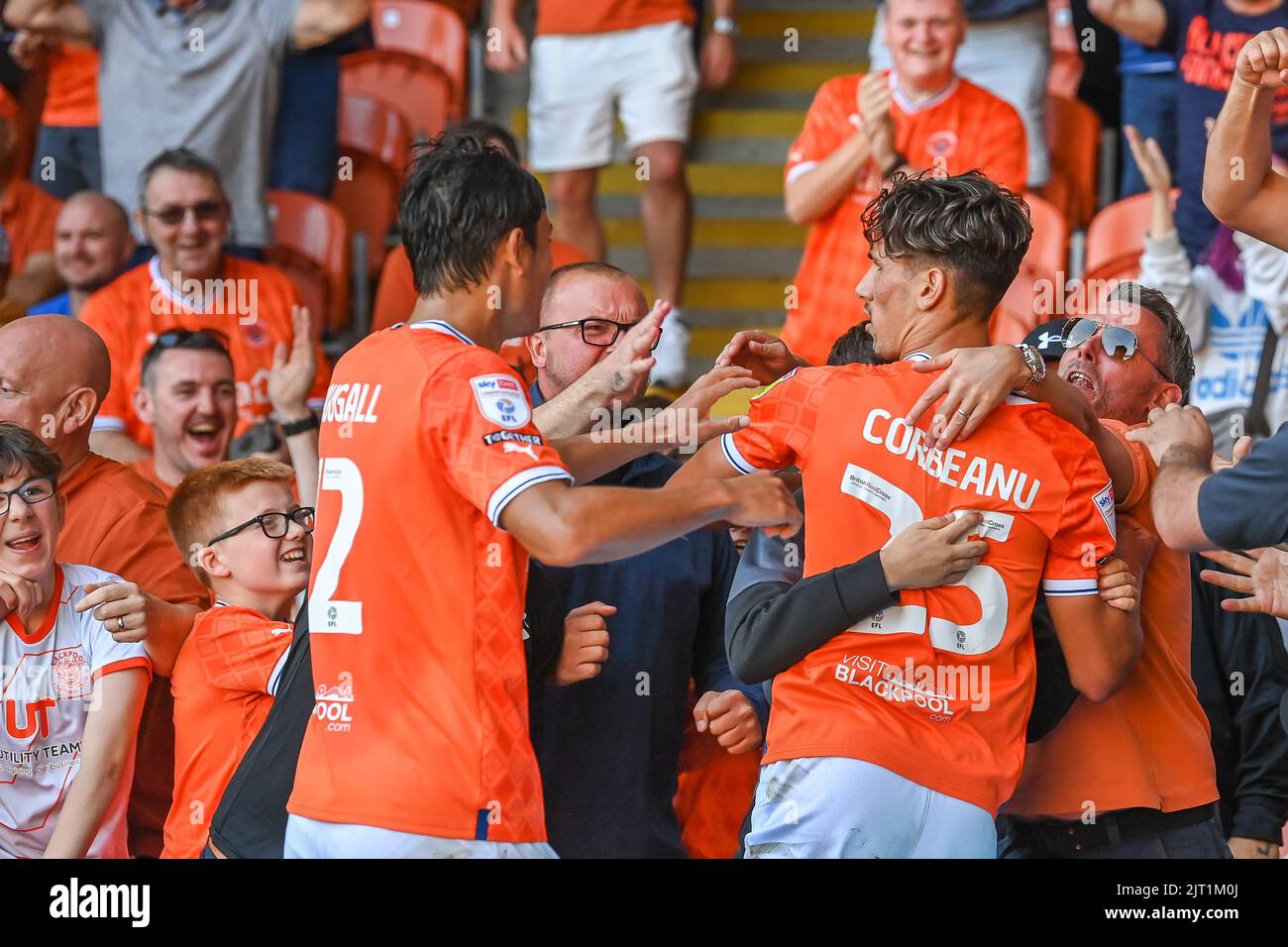 Theo Corbeanu #25 of Blackpool celebrates his goal to make it 3-3 with ...