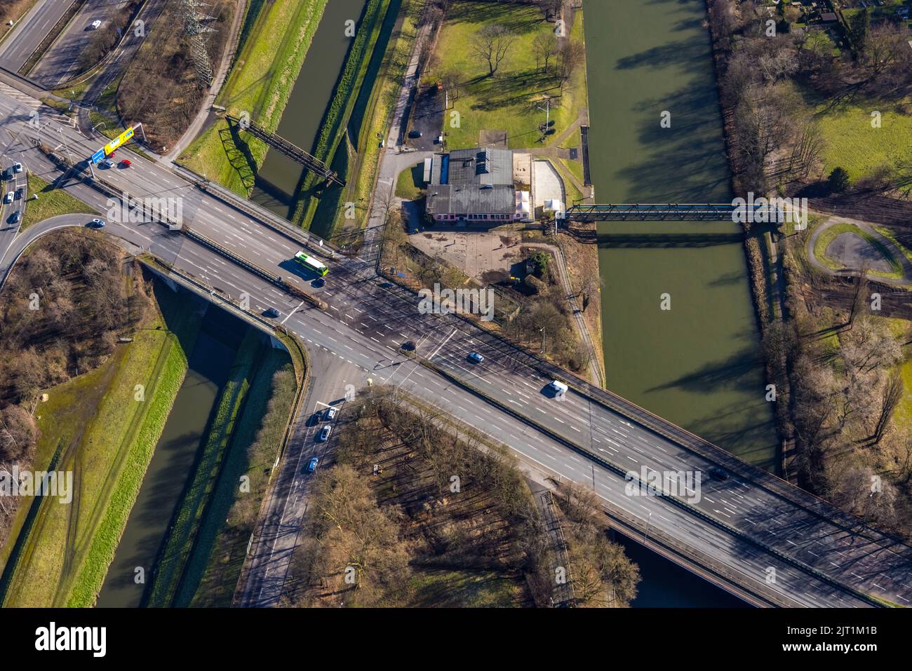 Aerial view, junction freeway on- and off-ramp A42 Oberhausen Zentrum ...