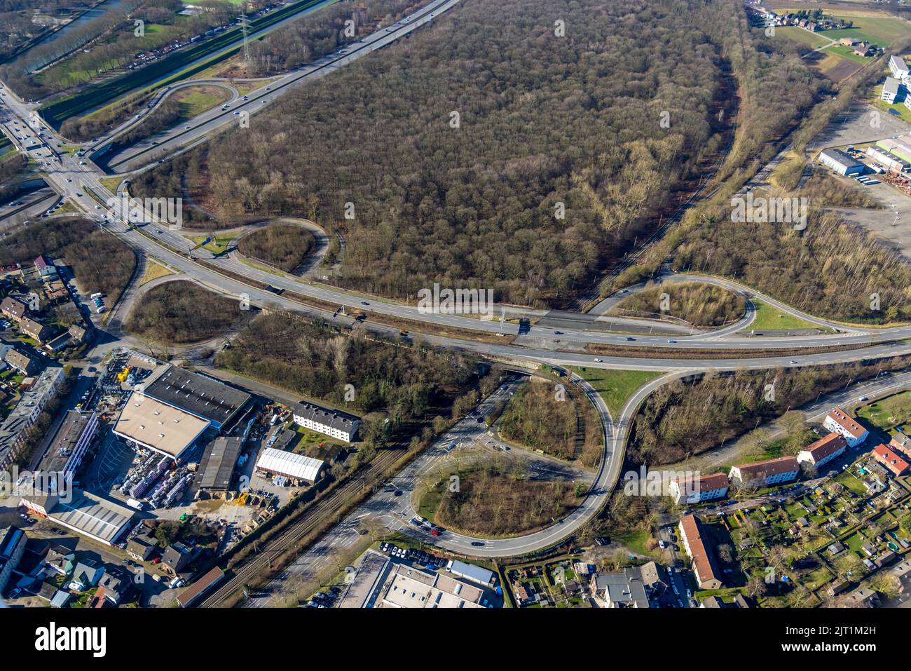 Aerial view, junction freeway on- and off-ramp A42 Oberhausen Zentrum ...