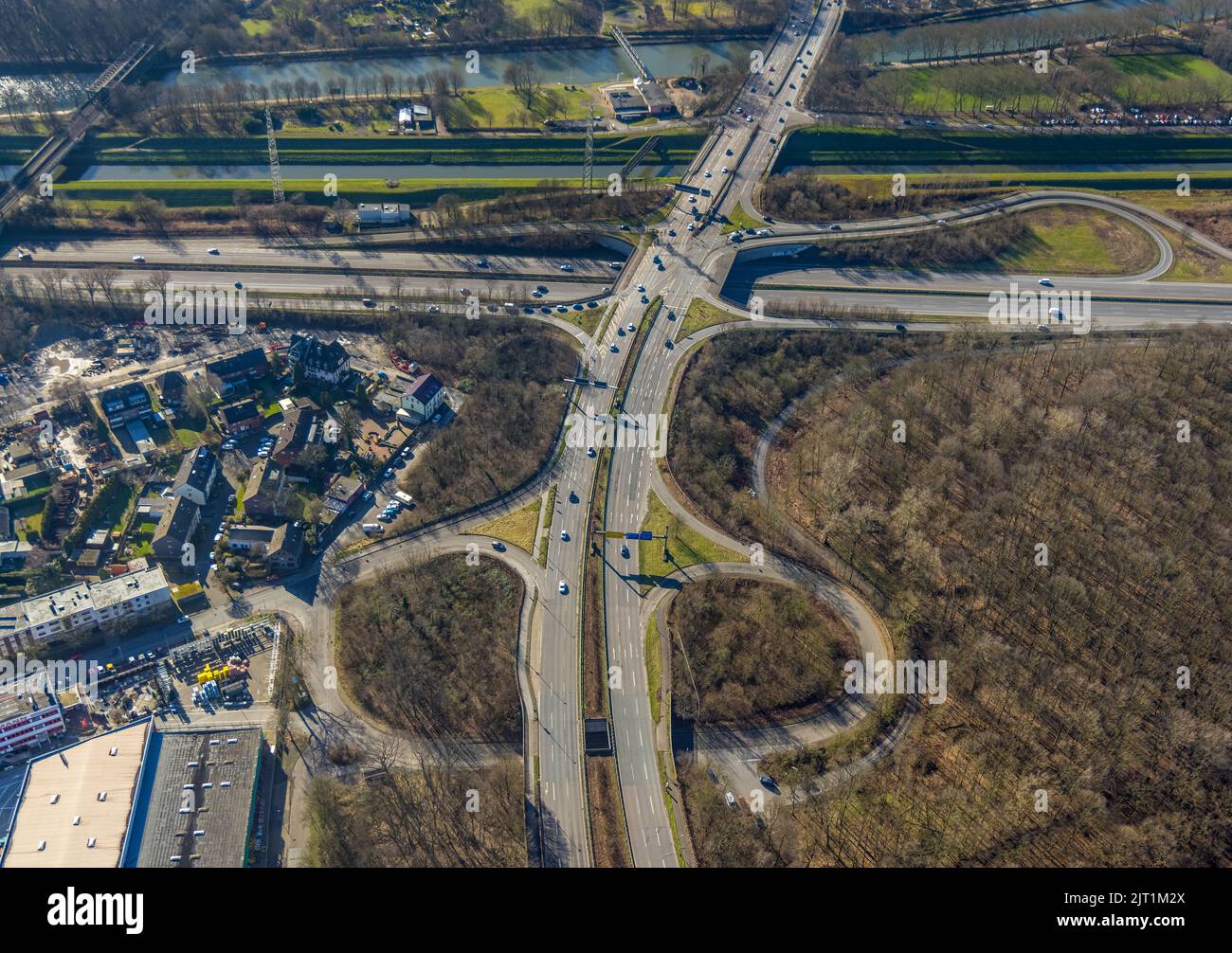 Aerial view, junction freeway on- and off-ramp A42 Oberhausen Zentrum ...