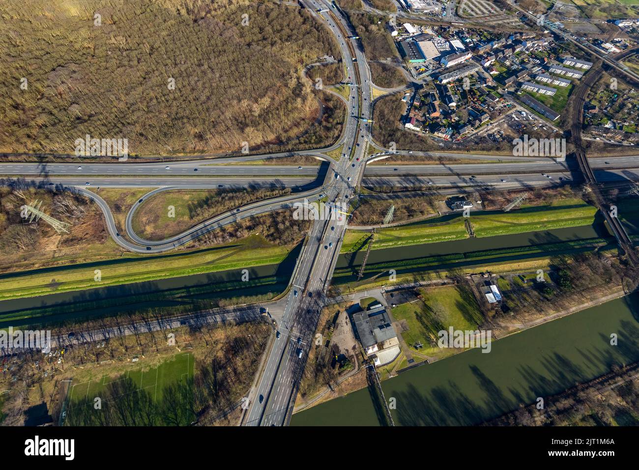 Aerial view, junction freeway on- and off-ramp A42 Oberhausen Zentrum ...