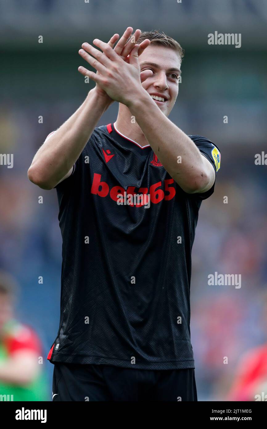 Stoke City's Liam Delap applauds supporters following the Sky Bet ...