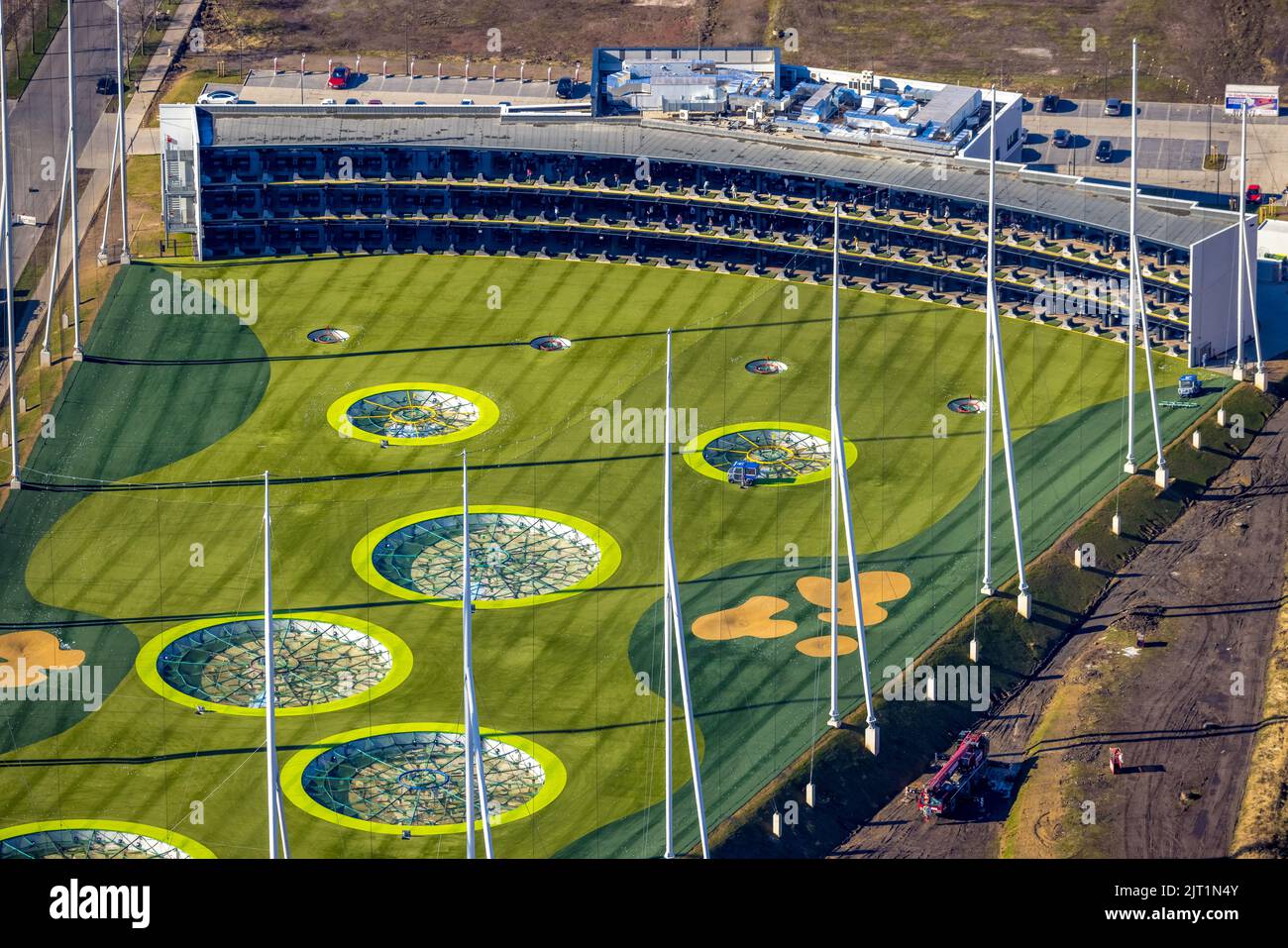 Aerial view, Topgolf course on the steel mill area at Brammenring in ...