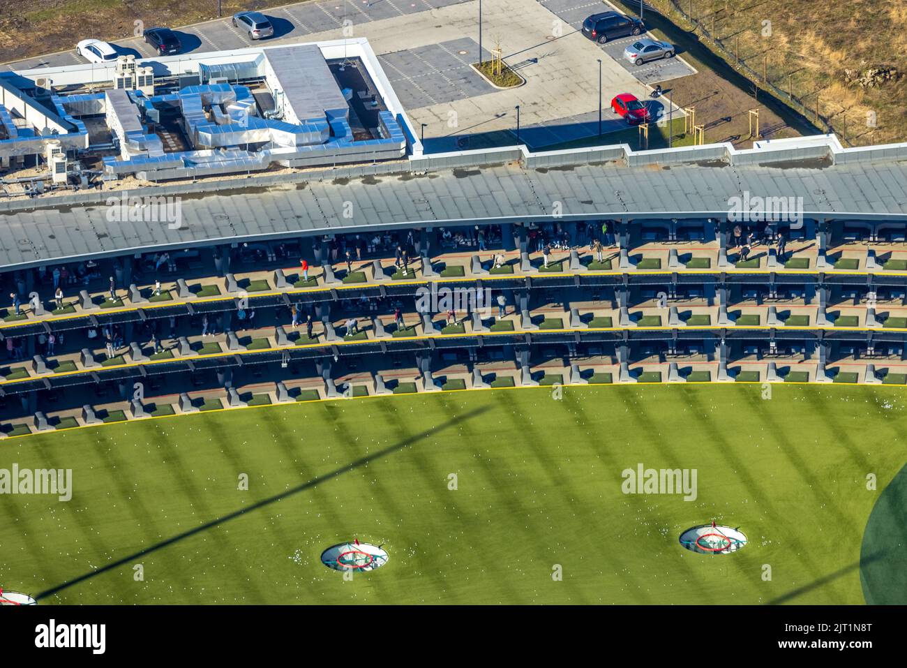Aerial view, Topgolf course on the steel mill area at Brammenring in ...