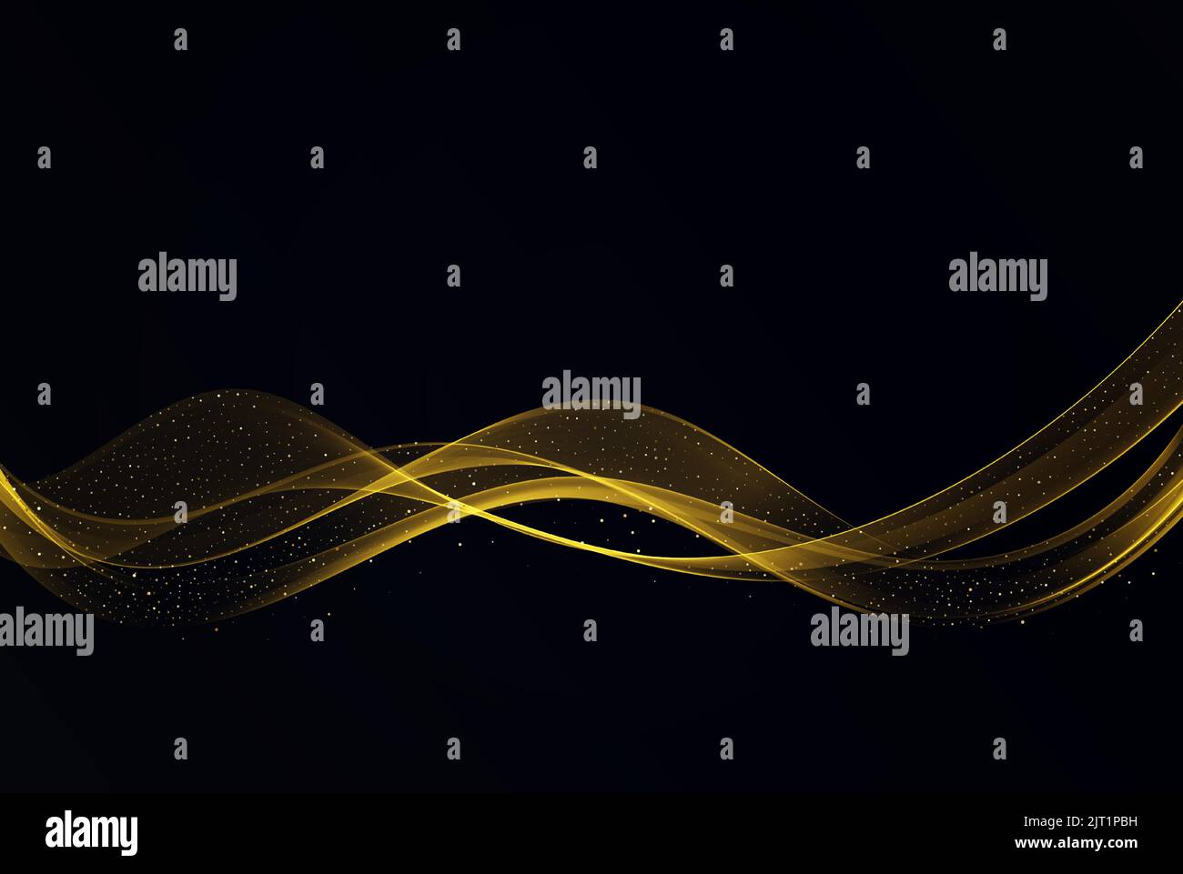 Golden wave with sequins glittering dust isolated on black background. Abstract golden wave flow ...