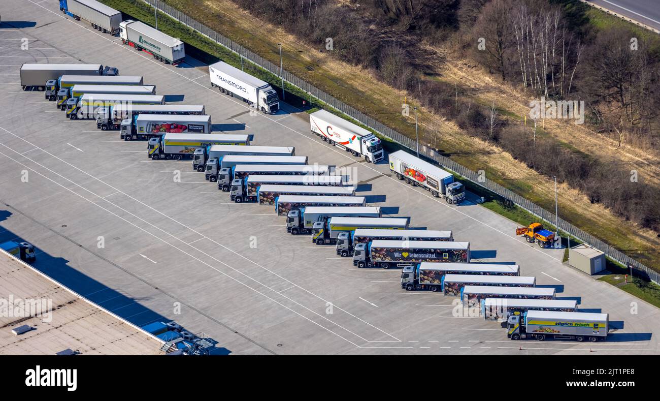 Aerial view, Edeka central warehouse logistics center, Waldteich, truck ...