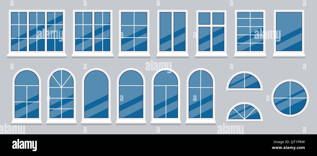 Set of realistic glass transparent plastic windows with window sills ...