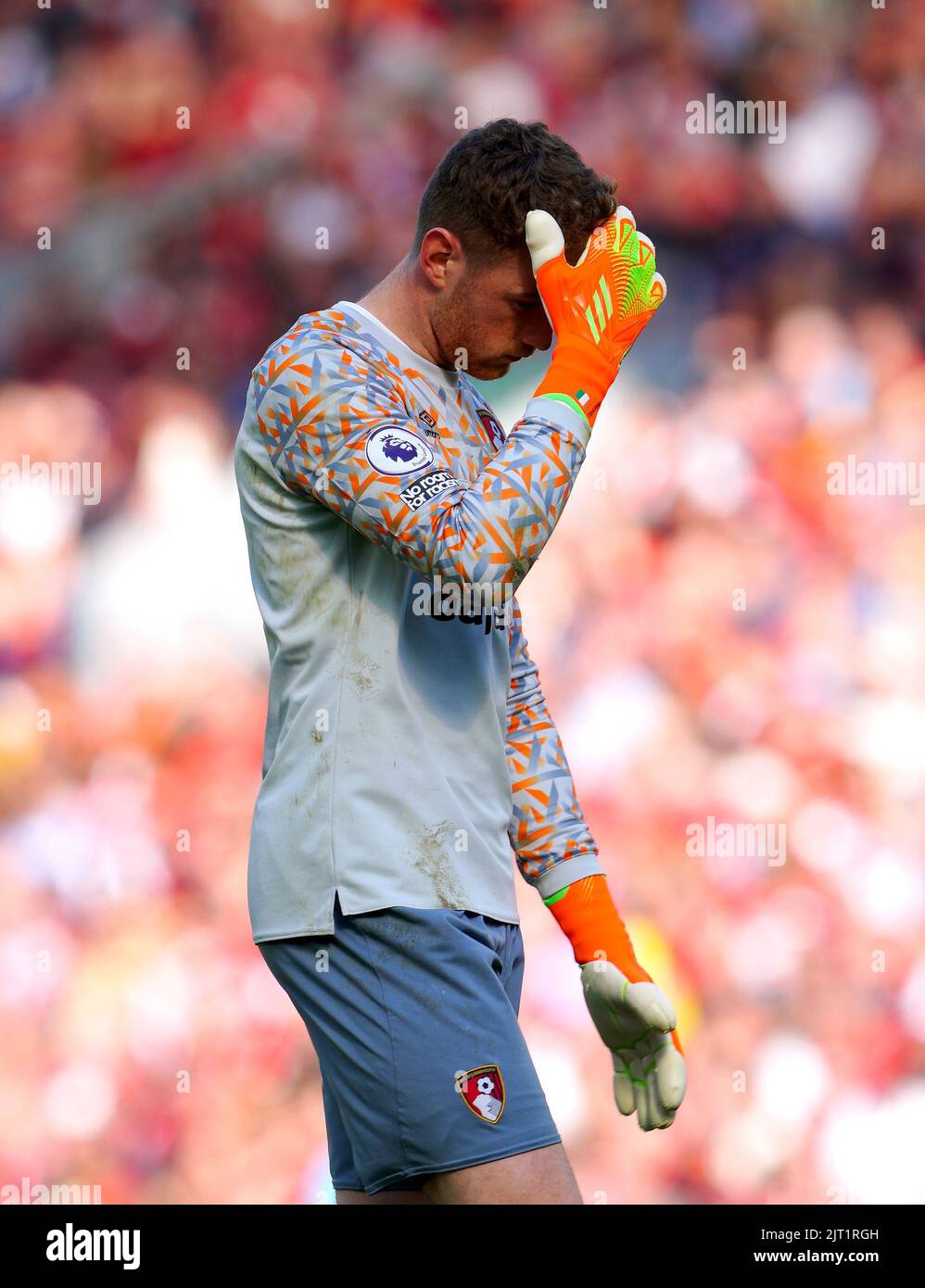 Bournemouth goalkeeper Mark Travers appears dejected during the Premier ...