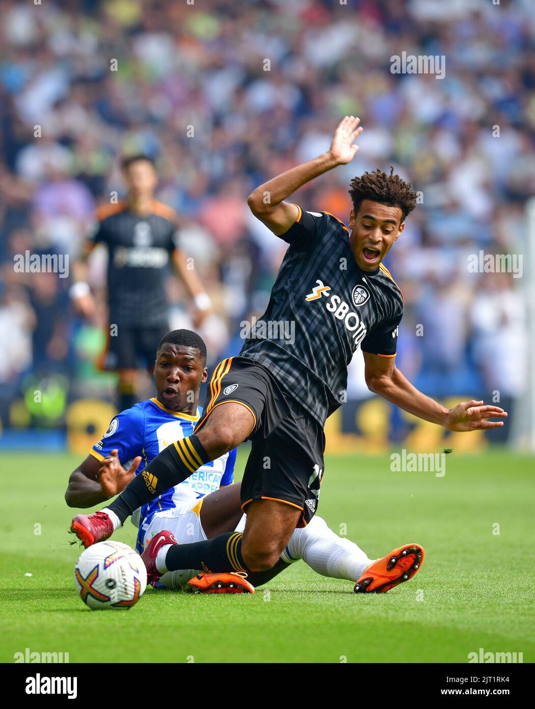 Brighton, UK. 27th Aug, 2022. Tyler Adams of Leeds United goes to ...