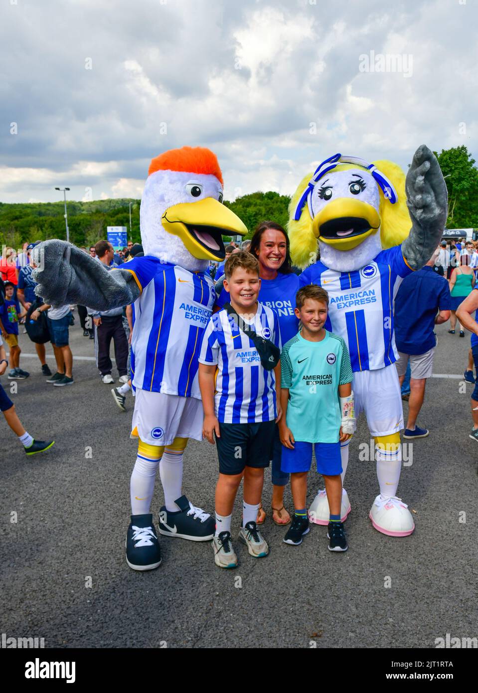 Brighton, UK. 27th Aug, 2022. Young fans with Brighton's mascots before ...