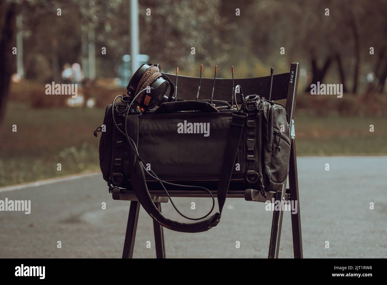 Suitcase with sound equipment on the film set. Sound equipment ...