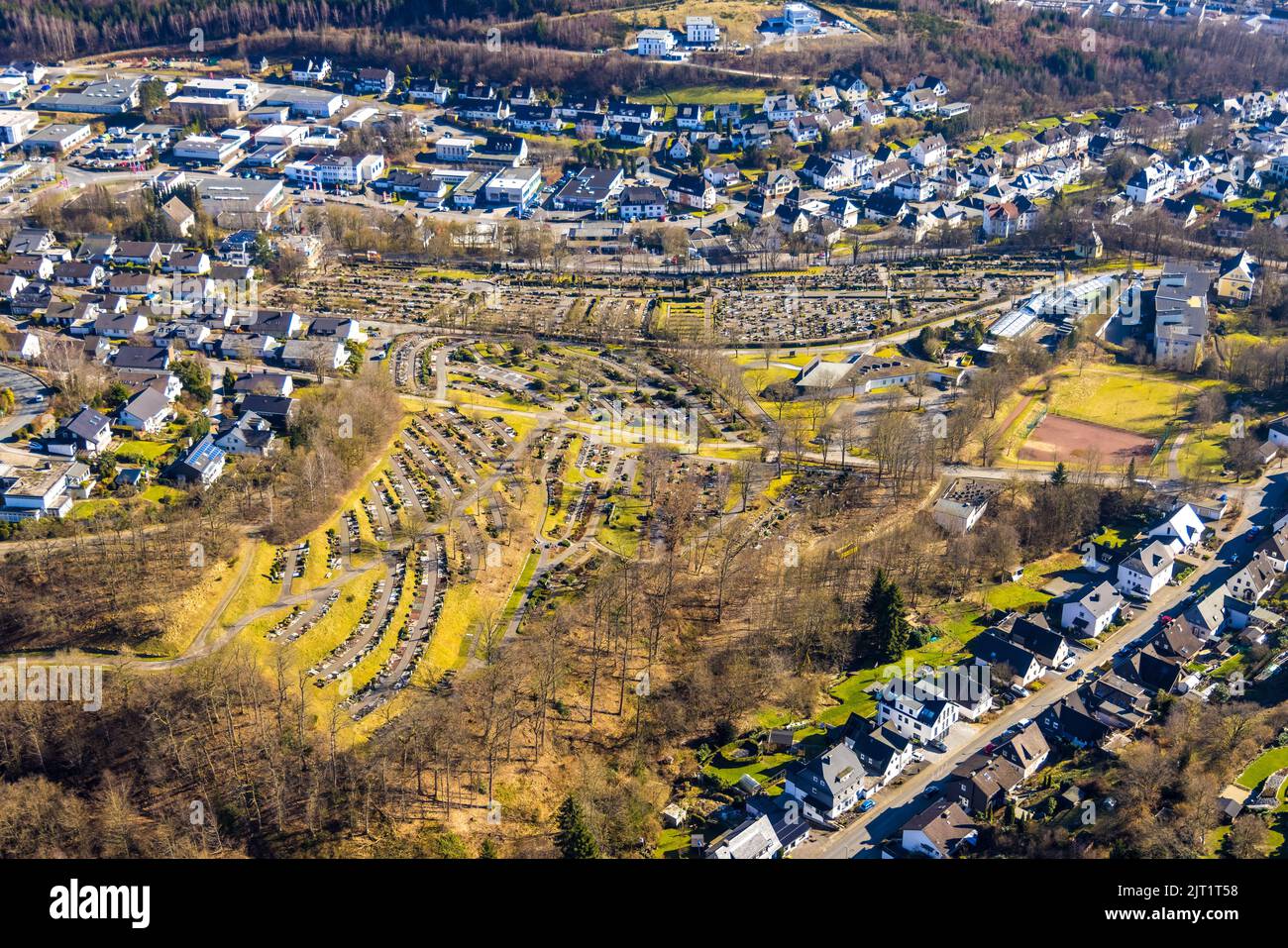 Aerial view, municipal cemetery, Olpe city, Olpe, Sauerland, North ...