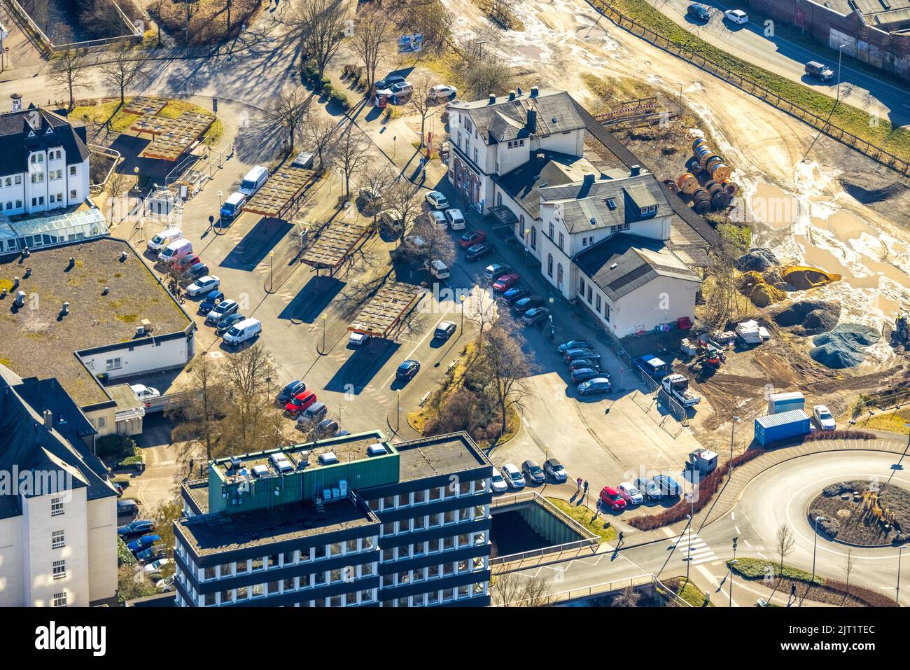 Aerial view, old train station Olpe, Olpe city, Olpe, Sauerland, North ...