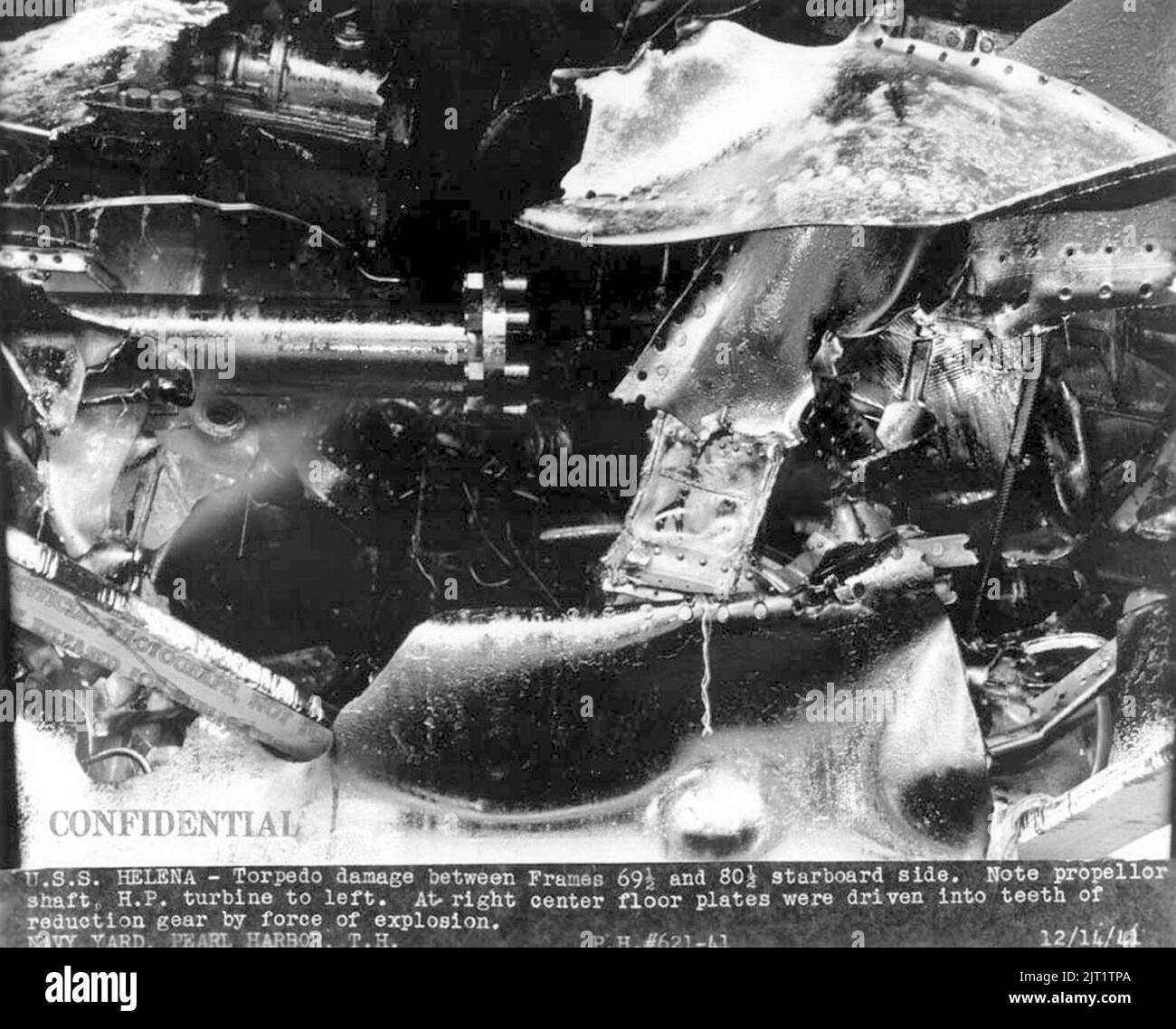 Torpedo damage of USS Helena (CL-50) from Pearl Harbor attack, on 14 ...