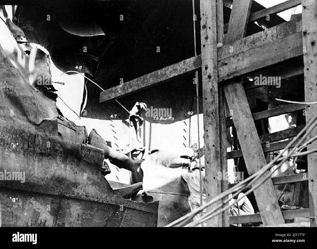 Torpedo damage on USS North Carolina (BB-55), .October 1942 Stock Photo ...