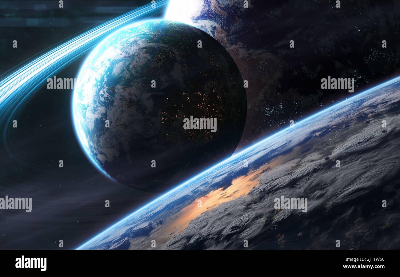 Deep space planets. View from planetary orbit through space dust Stock ...