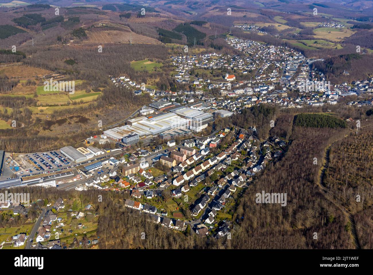 Aerial view, village view and industrial area Siegstraße and catholic ...