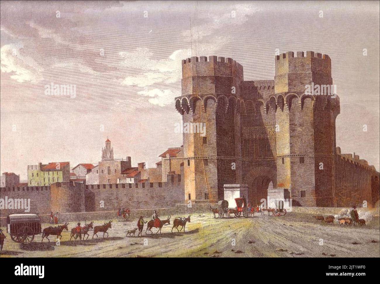Torres de Serranos and the walls Valencia Old drawing Stock Photo - Alamy