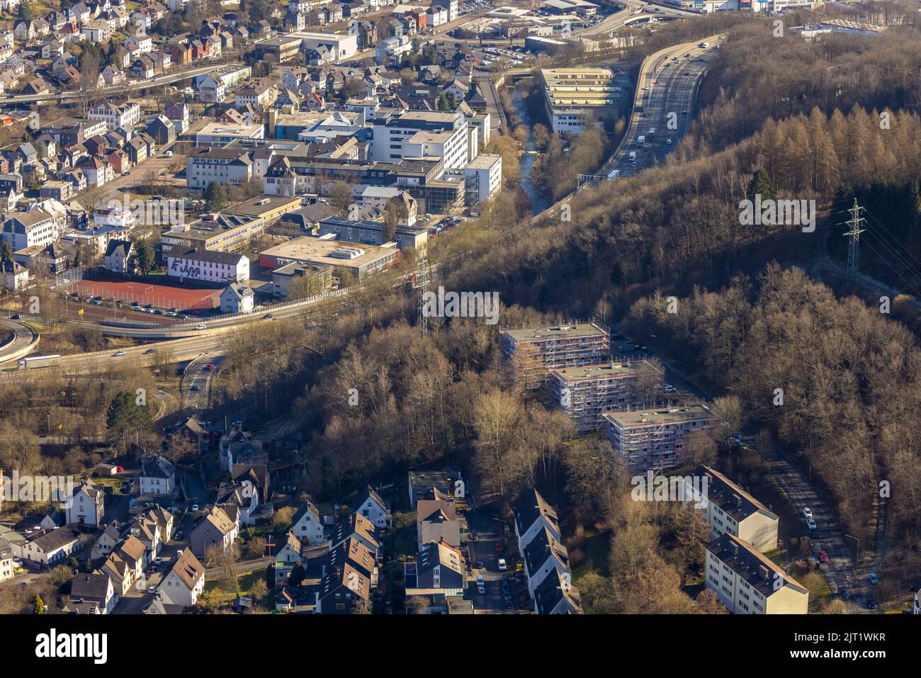 Aerial view, construction site and new construction of three ...