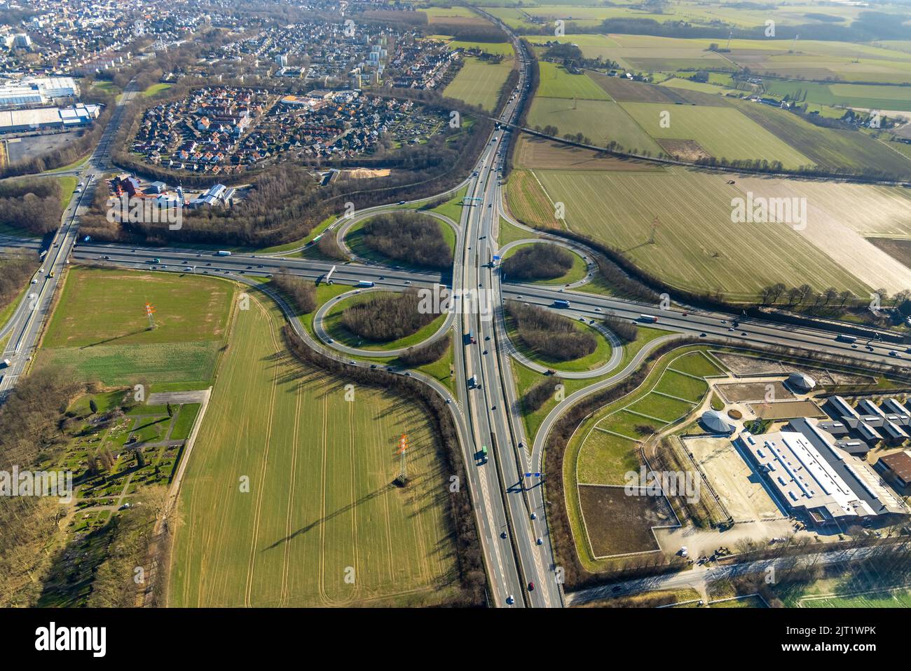 Aerial view, freeway junction Dortmund / Unna, freeway A1 and freeway ...