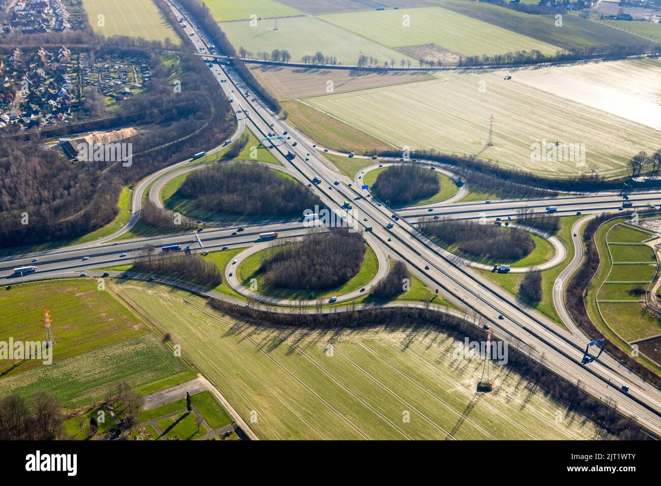 Aerial view, freeway junction Dortmund / Unna, freeway A1 and freeway ...