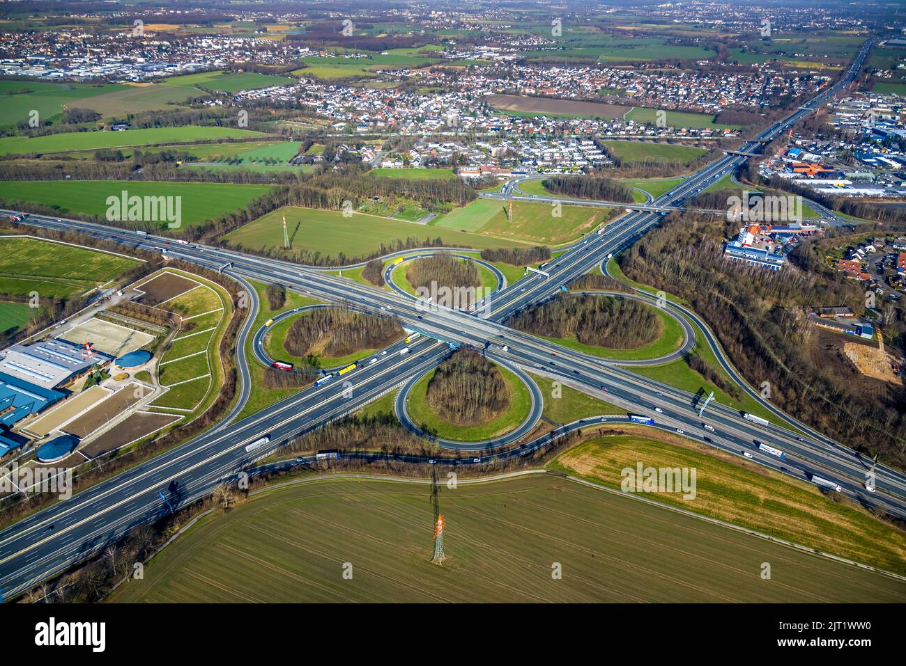 Aerial view, freeway junction Dortmund / Unna, freeway A1 and freeway ...