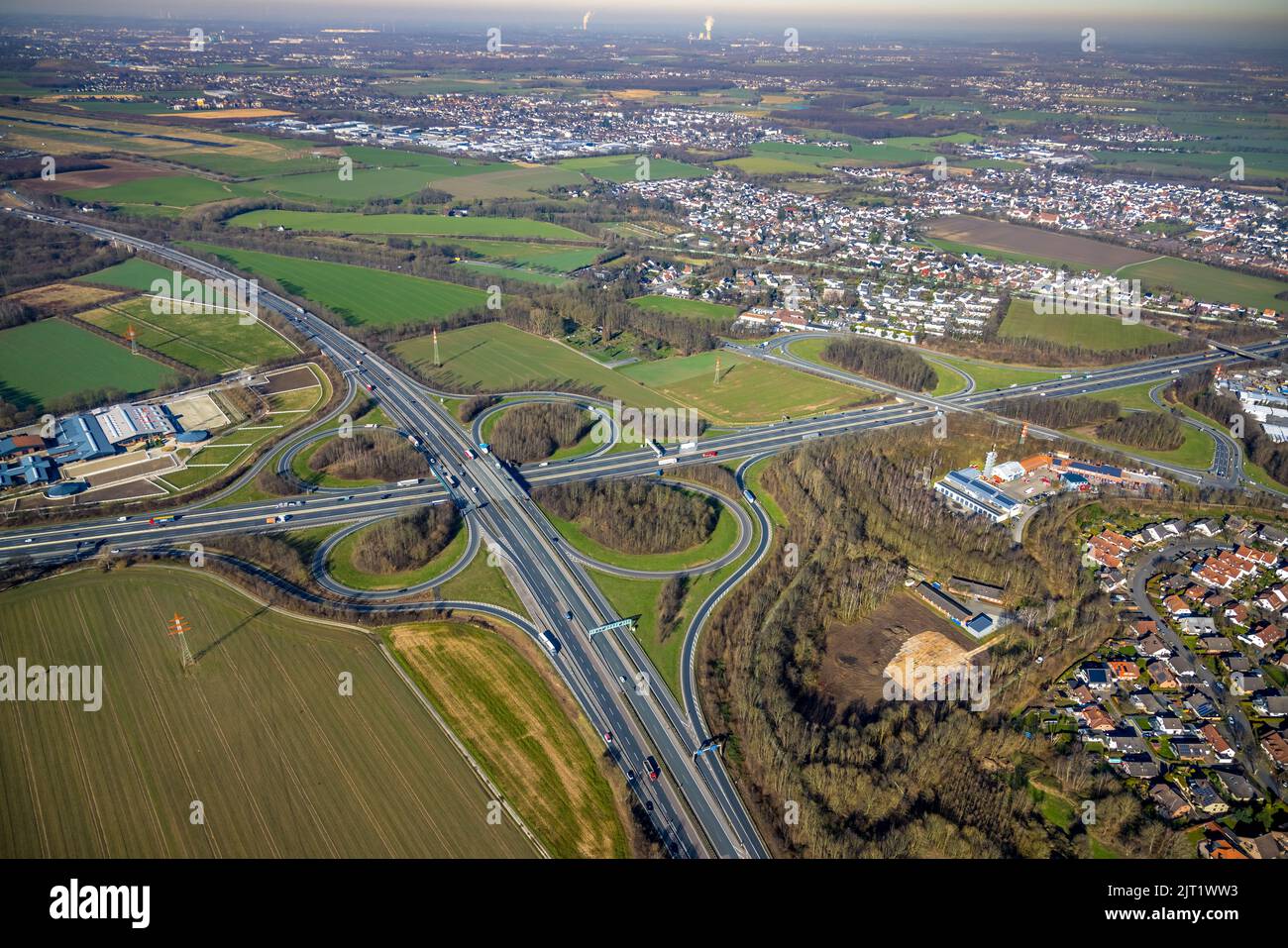 Aerial view, freeway junction Dortmund / Unna, freeway A1 and freeway ...