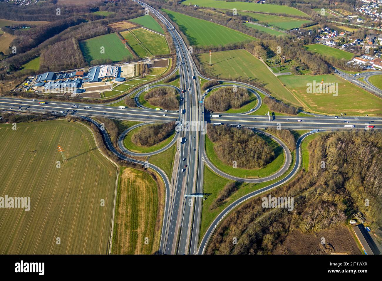 Aerial view, freeway junction Dortmund / Unna, freeway A1 and freeway ...
