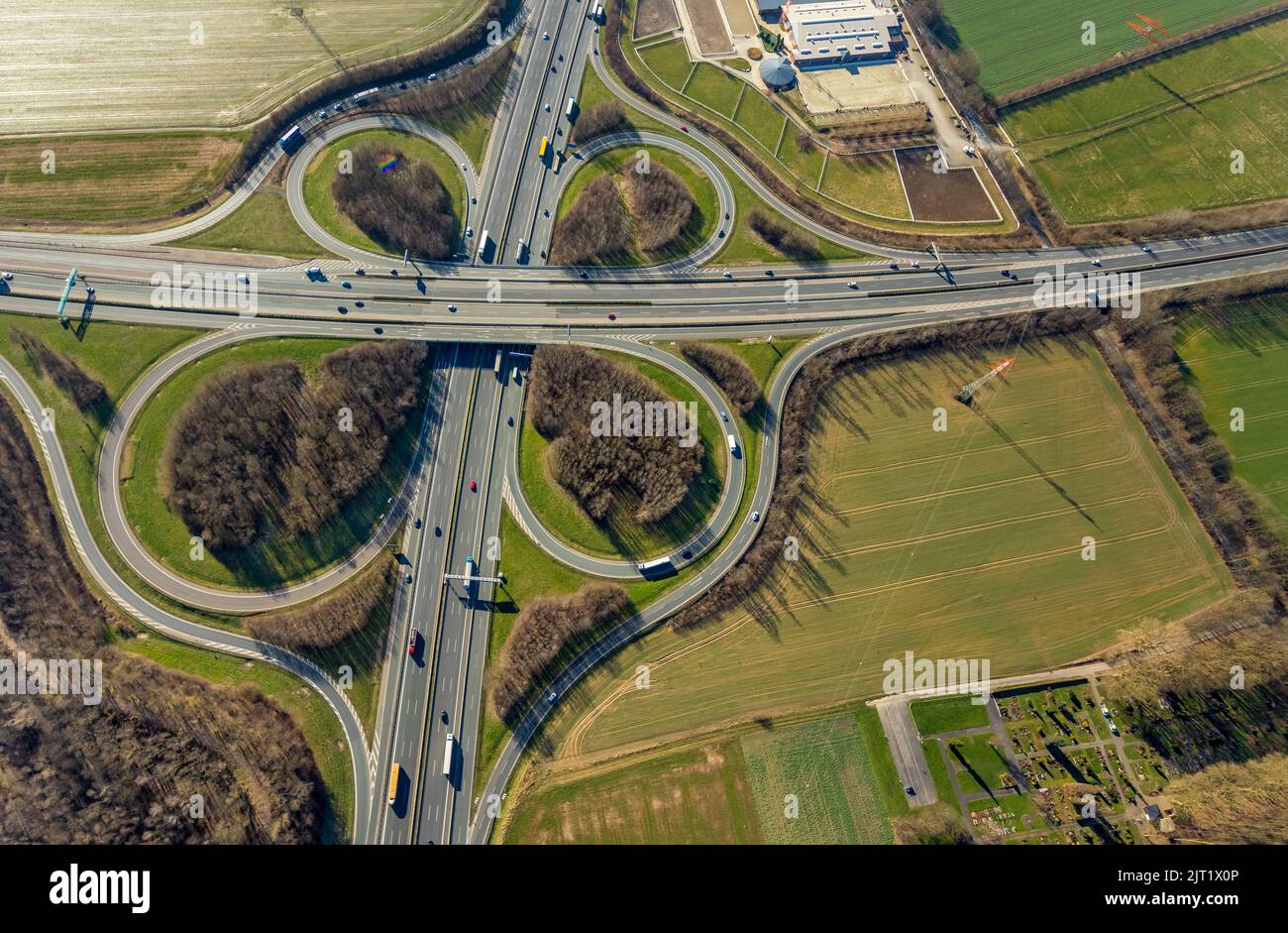 Aerial view, freeway junction Dortmund / Unna, freeway A1 and freeway ...
