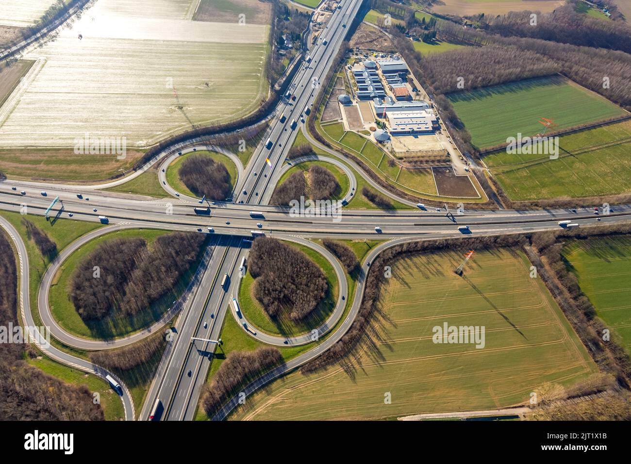 Aerial view, freeway junction Dortmund / Unna, freeway A1 and freeway ...