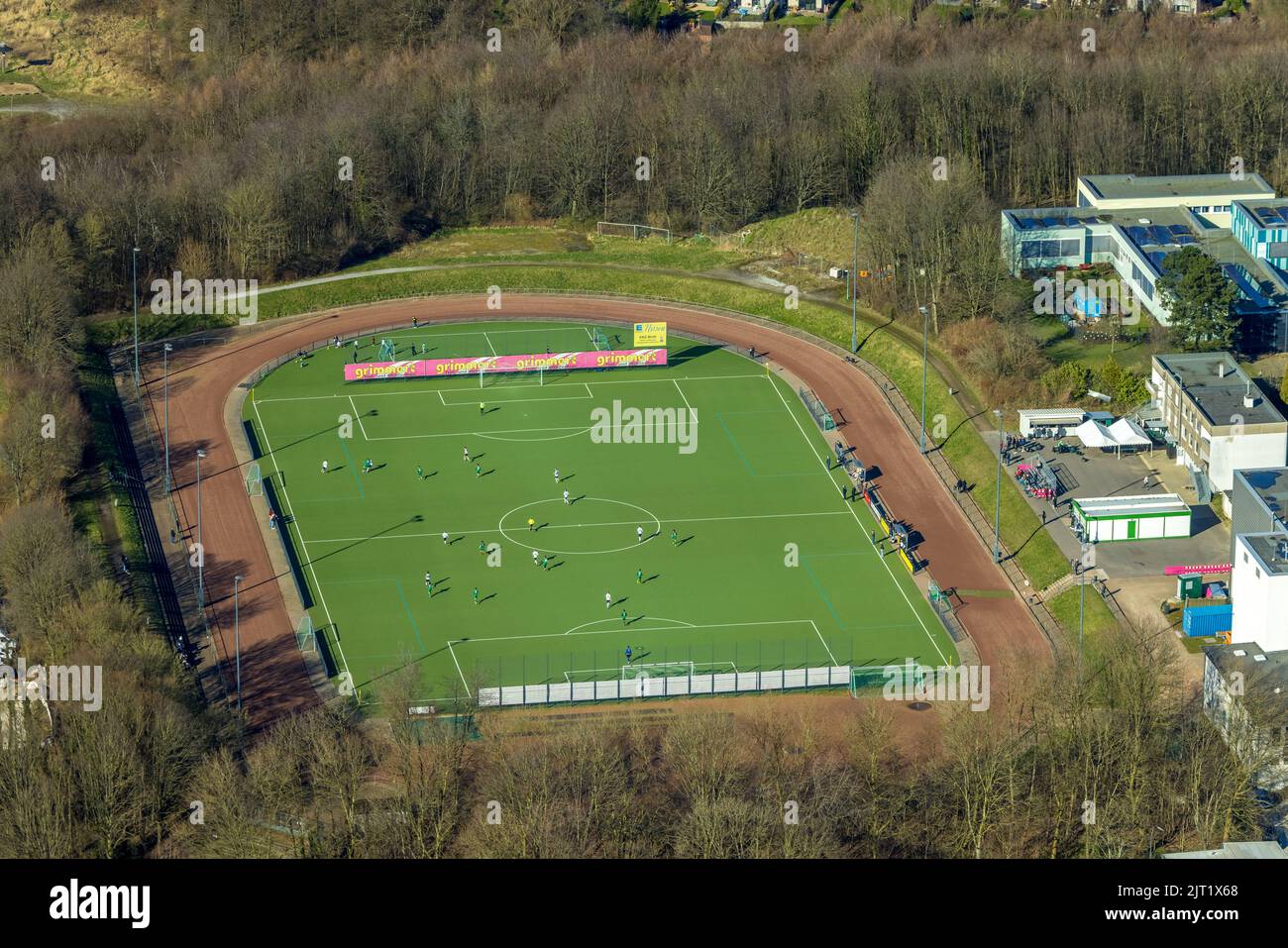 Aerial view, soccer players on the sports field of TVD Velbert 1870 ...