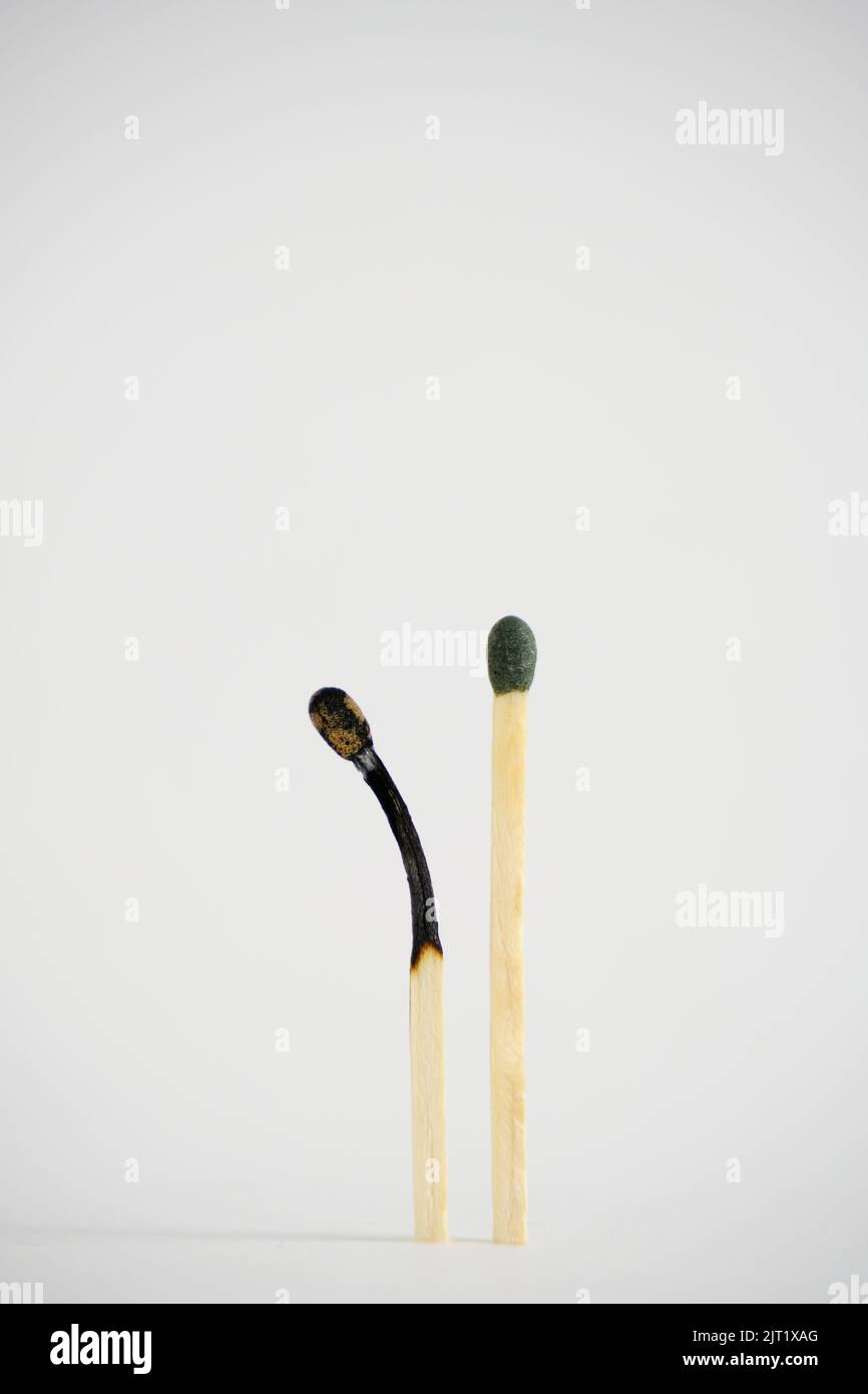 Standing burnt out and whole match on light background, concept old age ...
