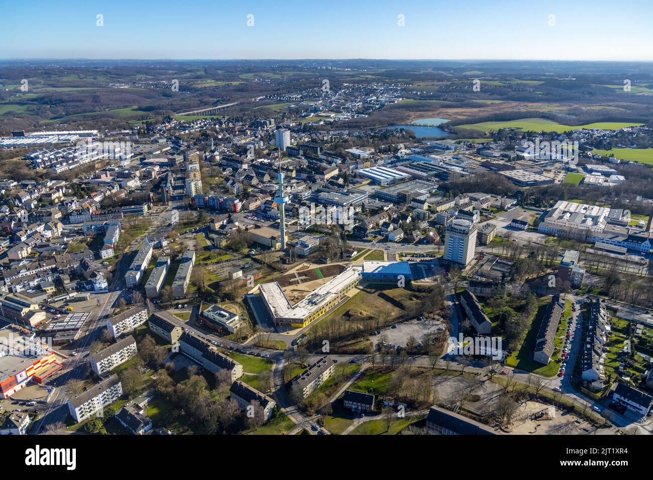 Aerial view, elementary school Kastanienallee, BKS high-rise and ...