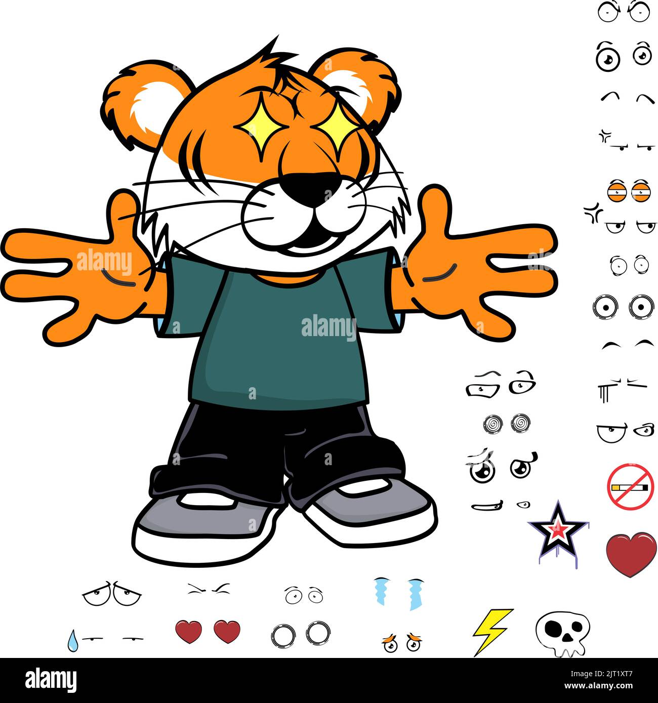 standing young tiger kid wearing tennis and jeans cartoon, expressions ...