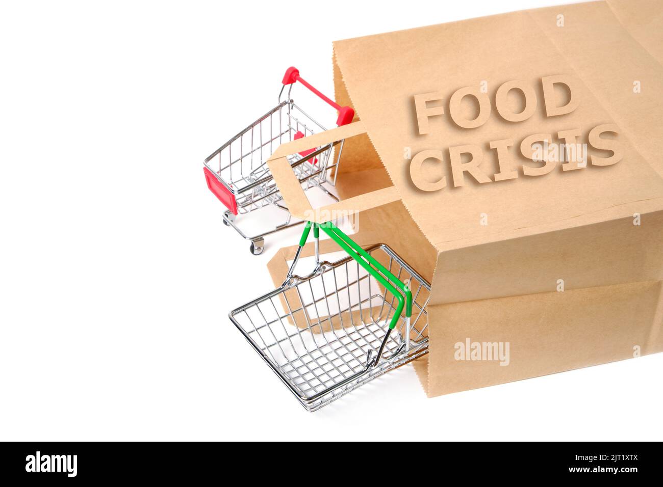 Cart and basket in paper grocery bag with inscription food crisis on ...