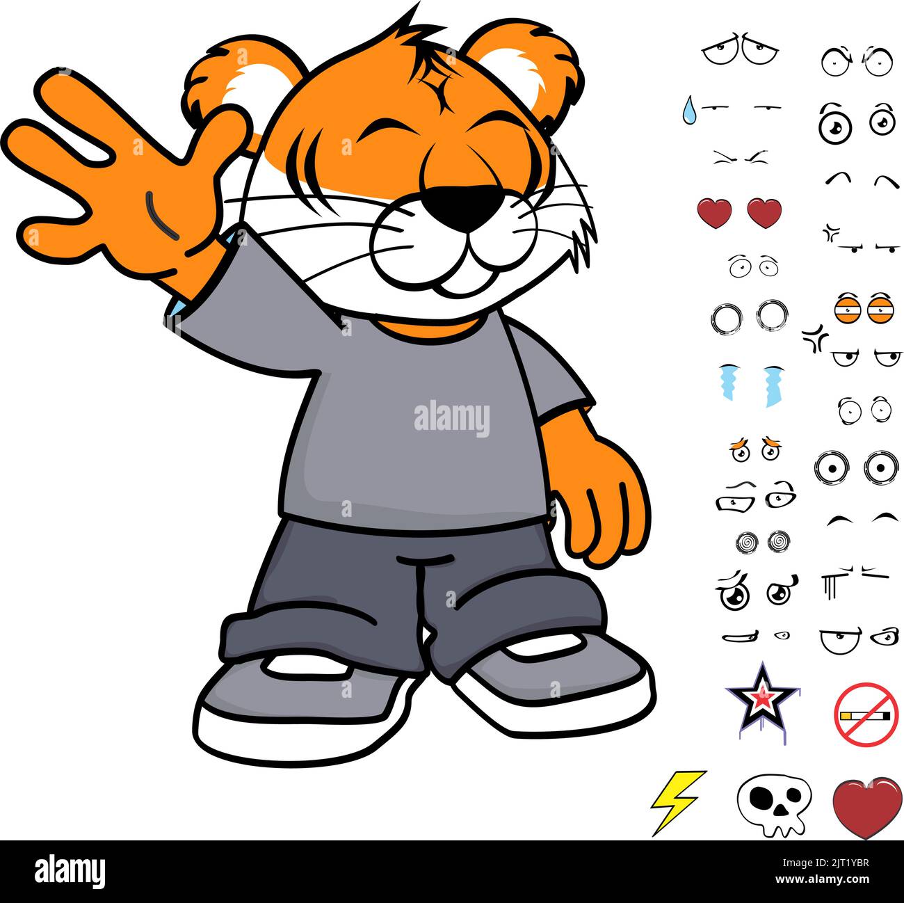 standing young tiger kid wearing tennis and jeans cartoon, expressions ...