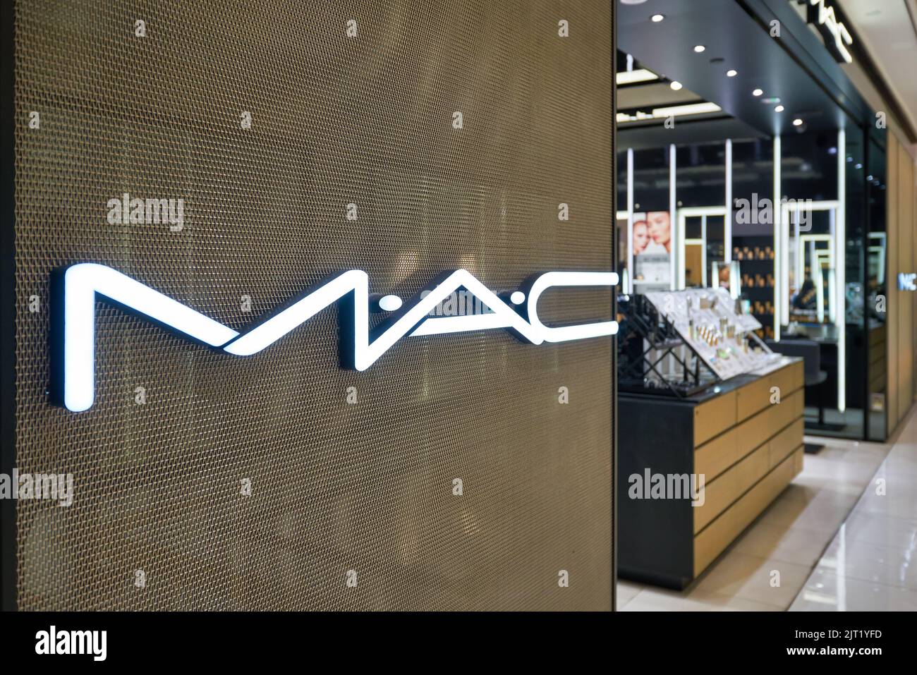 SINGAPORE - CIRCA JANUARY, 2020: close up shot of MAC sign as seen in ...