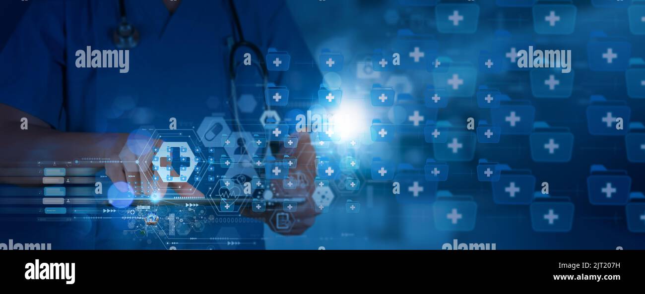 Medical doctor hand holding digital tablet Chatbot conversation app ...