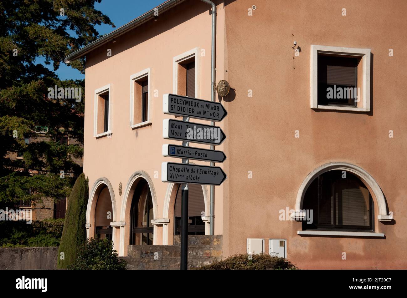 Street view with road signs, St Cyr au Mont d'Or, Lyon, Auvergne-Rhone ...