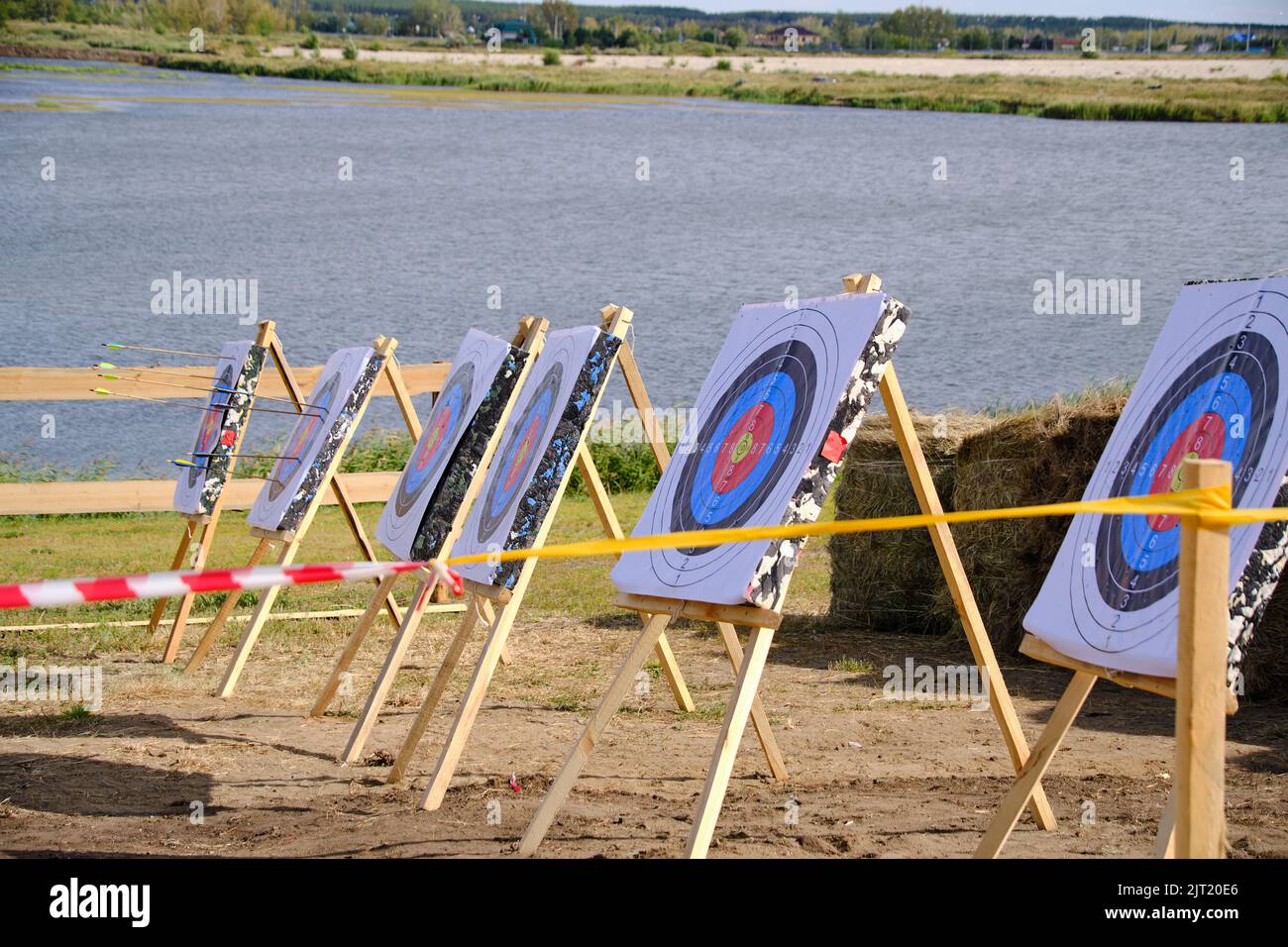 Targets for archery competitions lakeshore Stock Photo - Alamy