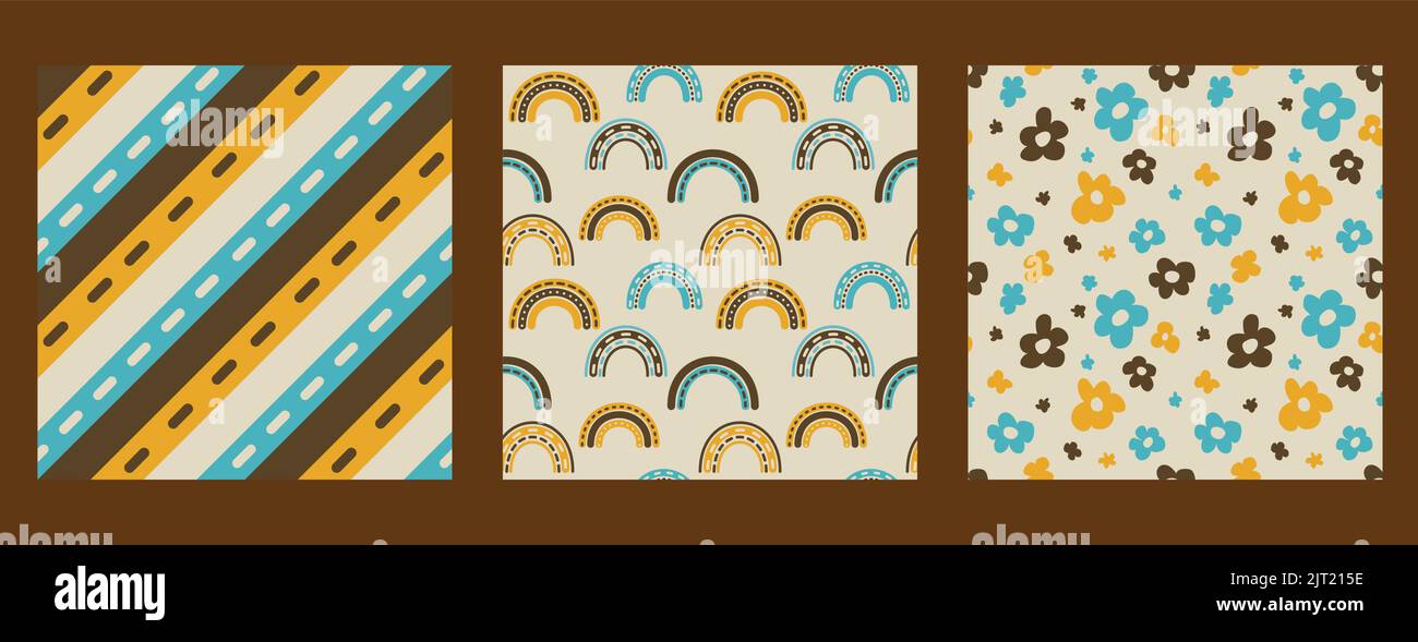 Set of 1970 groovy seamless vector pattern background. Warm retro ...