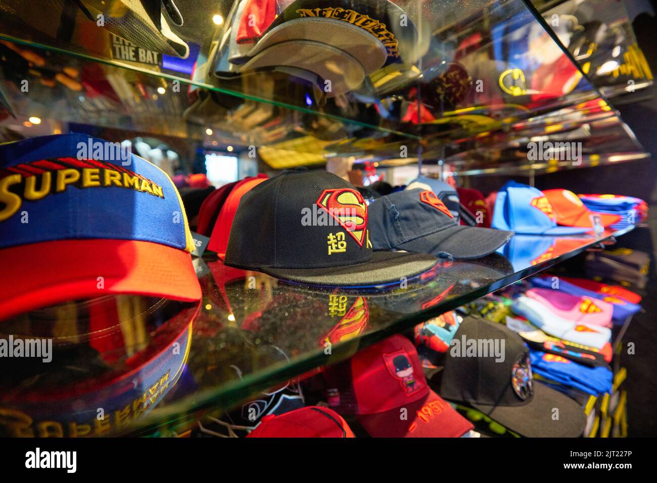 SINGAPORE - JANUARY 20, 2020: baseball caps on display in DC Comics ...