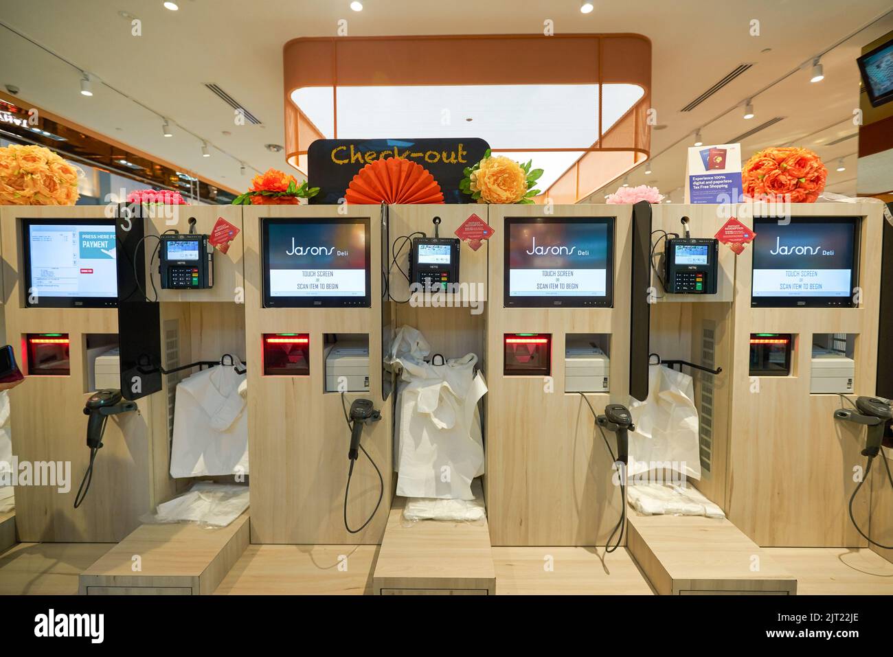 SINGAPORE - JANUARY 20, 2020: self-checkout facilities at Jasons Deli ...