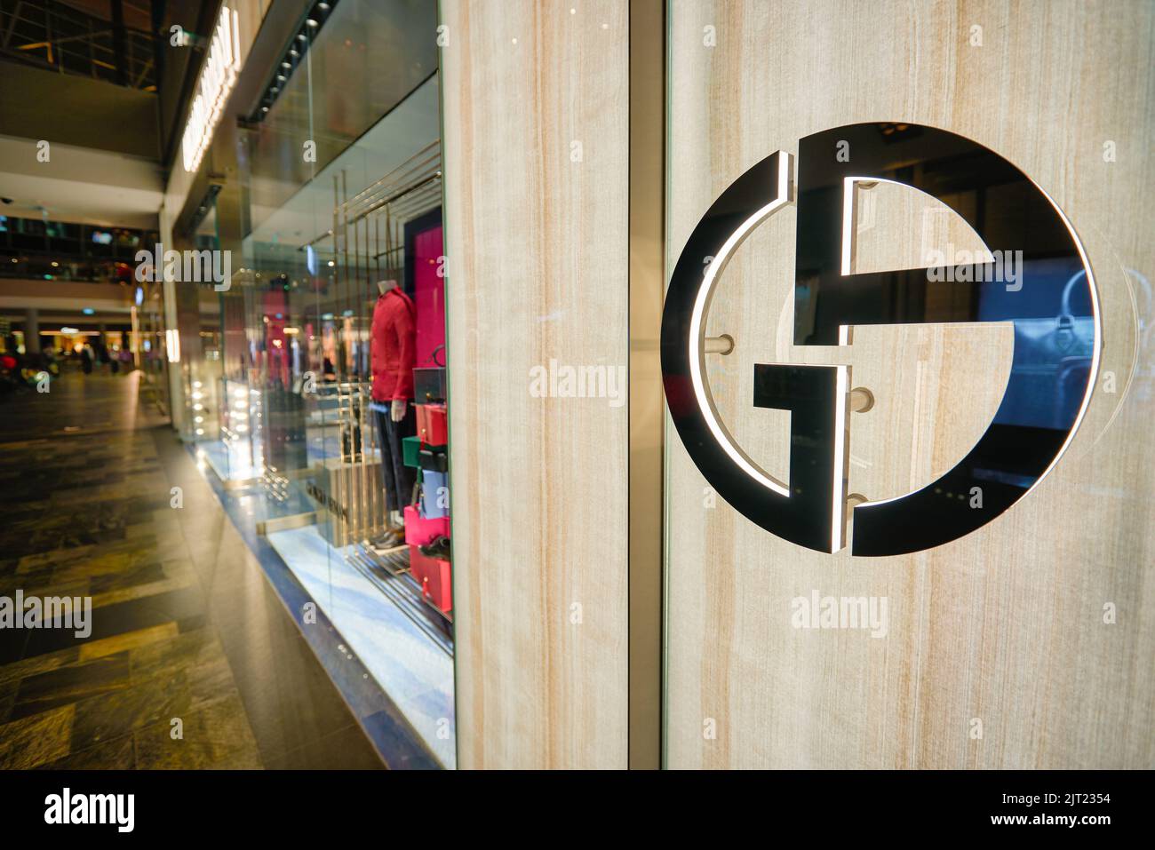 SINGAPORE - JANUARY 20, 2020: close up shot of Giorgio Armani sign seen ...