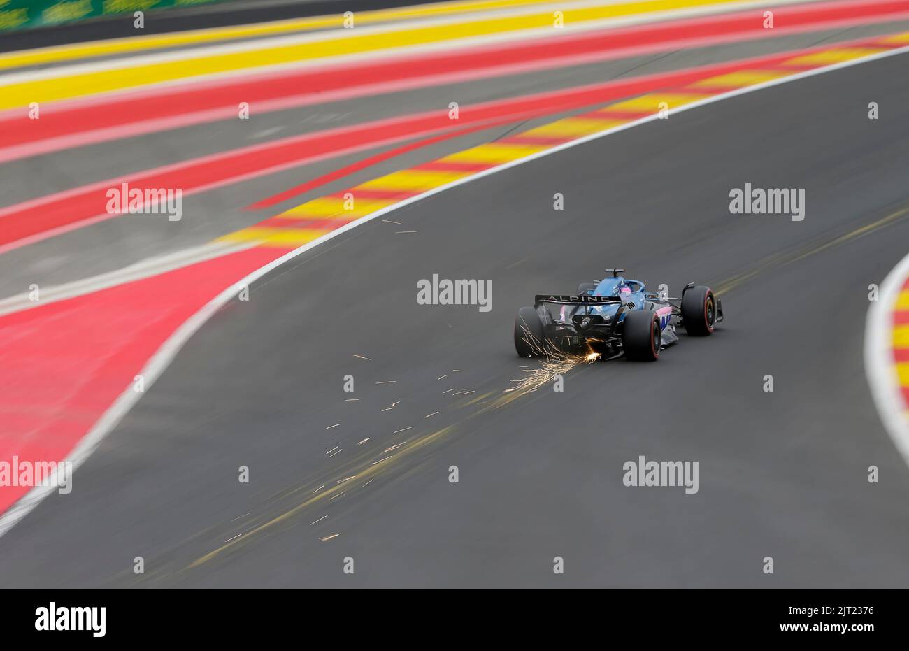 August 27, 2022: Alpine #14 Fernando Alonso from Spain sprays sparks ...