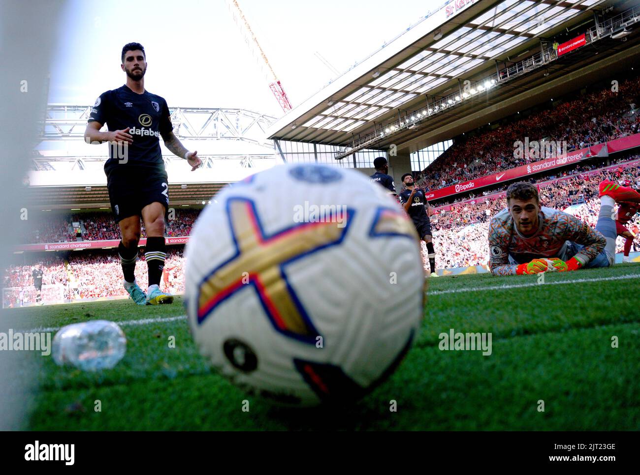Bournemouth goalkeeper Mark Travers looks on after Liverpool's Fabio ...