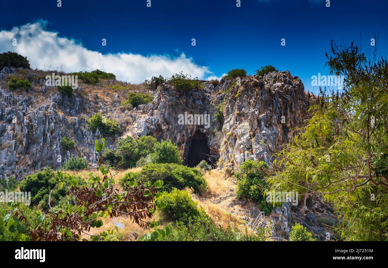 Mount Carmel, Israel. Cave of a prehistoric human in Nahal Me'arot ...