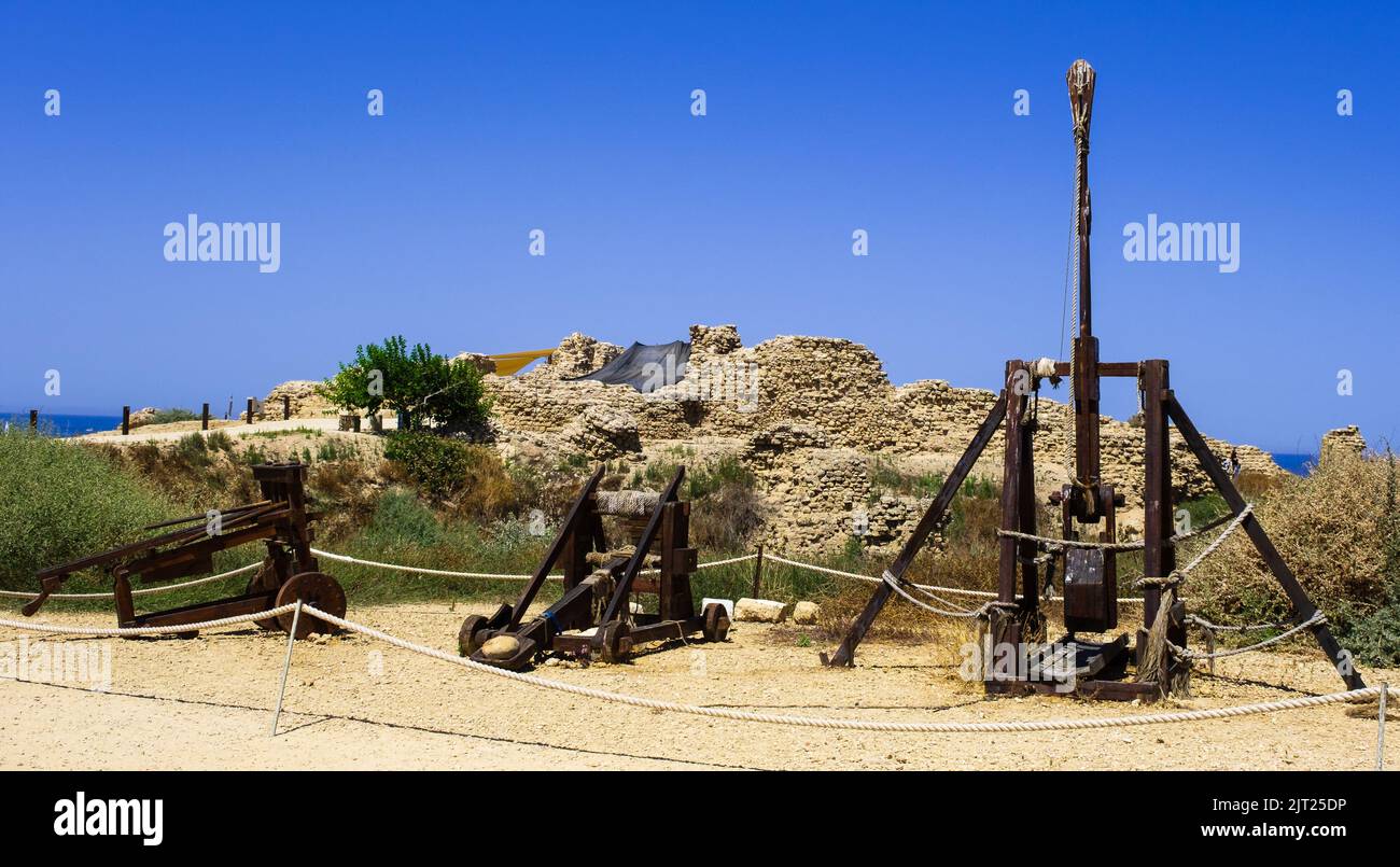 Ancient siege weapons in Apollonia National Park, Israel Stock Photo ...
